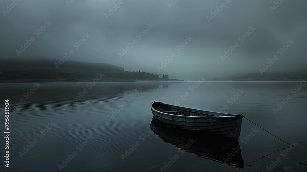 The eerie tranquility and isolation of a dark lake under a gloomy sky ...
