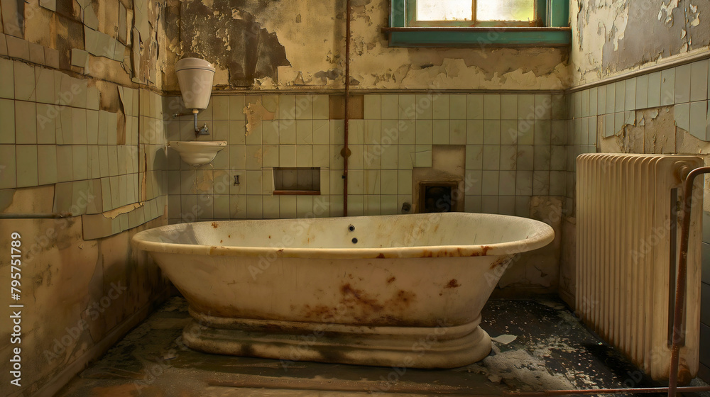 Dirty unclean old bathroom interior, messy shower and hygiene room in ...