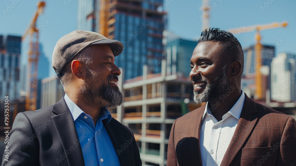 Blue collar worker and man in suit, shown in profile, smiling ...