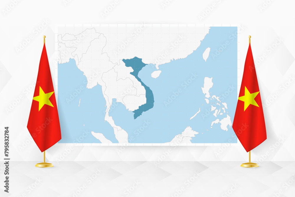 Map of Vietnam and flags of Vietnam on flag stand. Stock Vector | Adobe ...