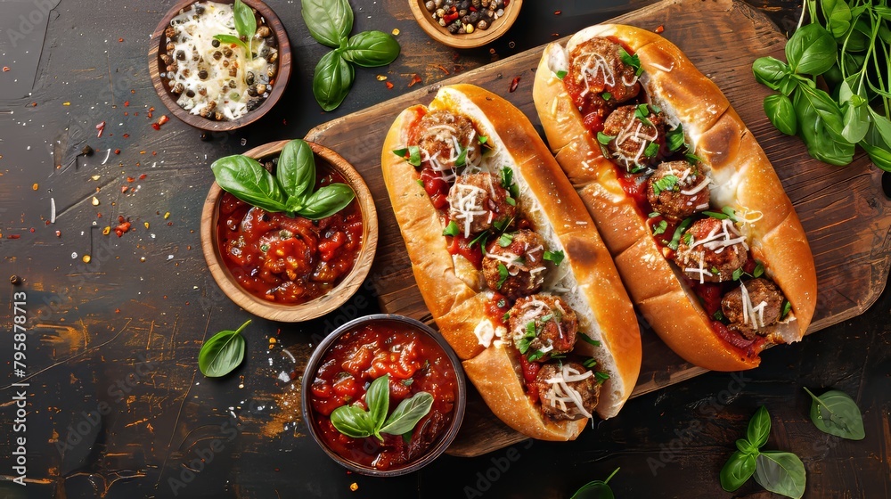 High-quality top view of toasted meatball subs, smothered in marinara ...