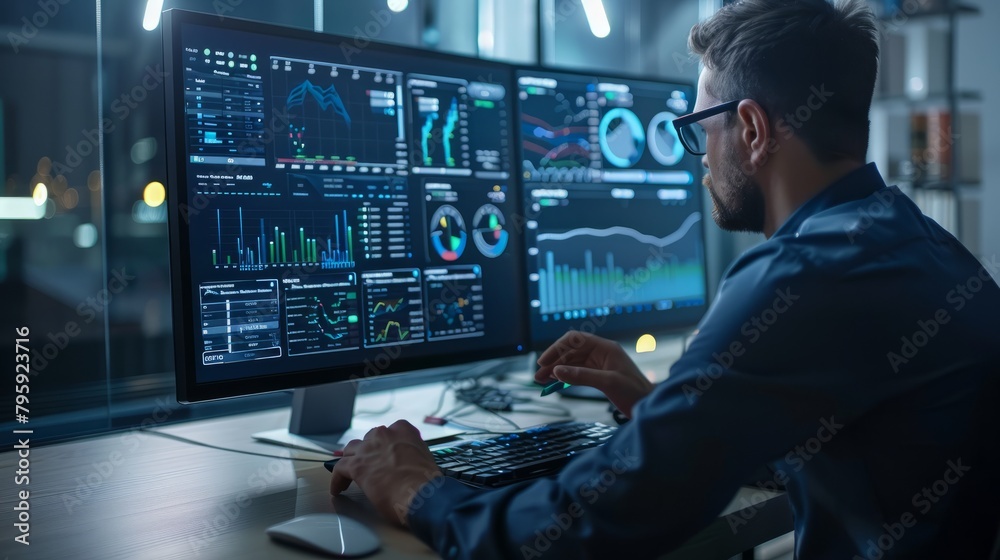 analyst uses computer and dashboard for data business analysis and Data ...