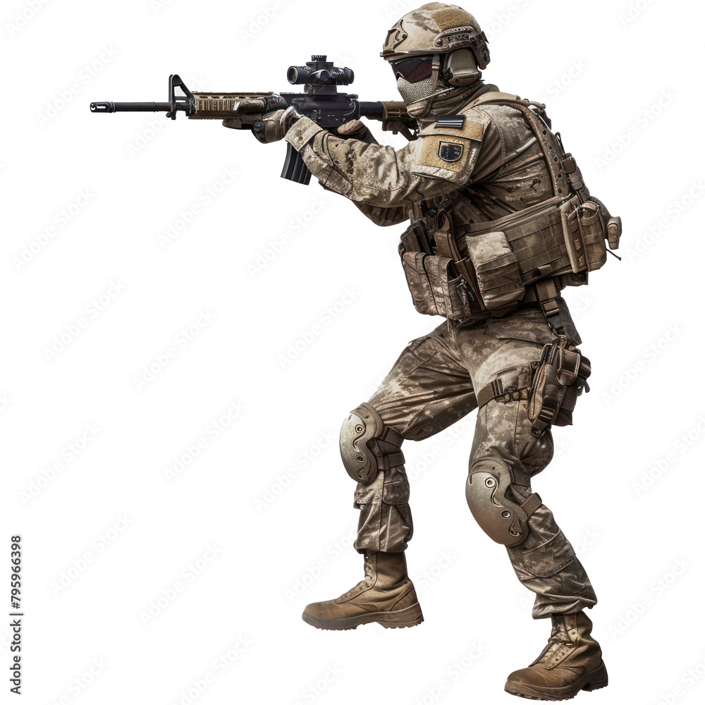 Full body of Army soldier aiming with a rifle front view on ...