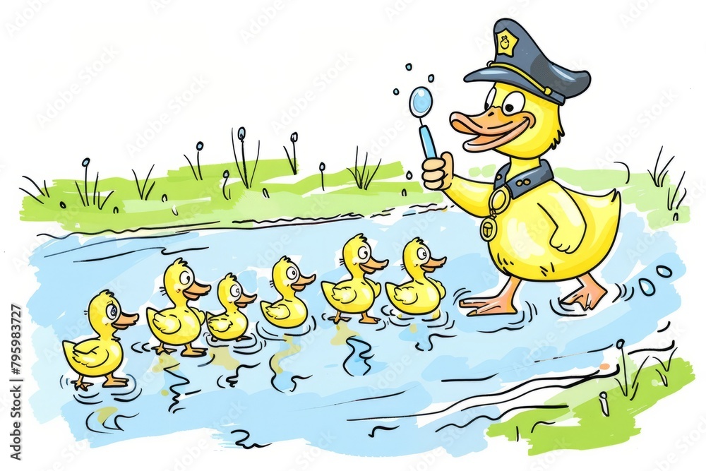 Cartoon cute doodles of a friendly police officer duckling quacking ...