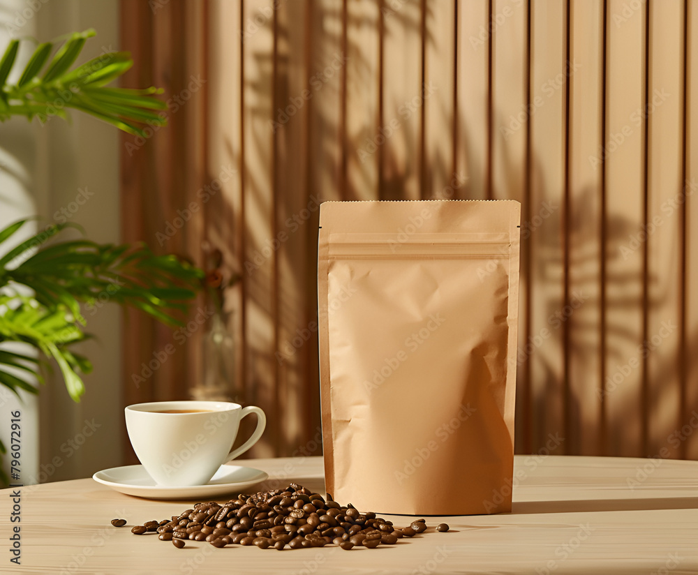 brown coffee paper bag packaging mockup with spilled coffee beans on a ...