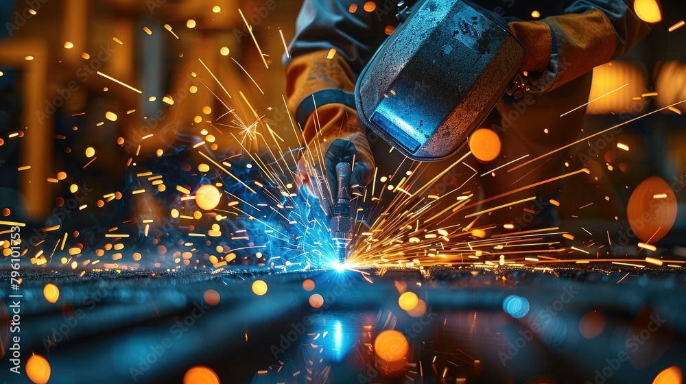 A welder at work during a night shift in a steel factory, intense blue ...