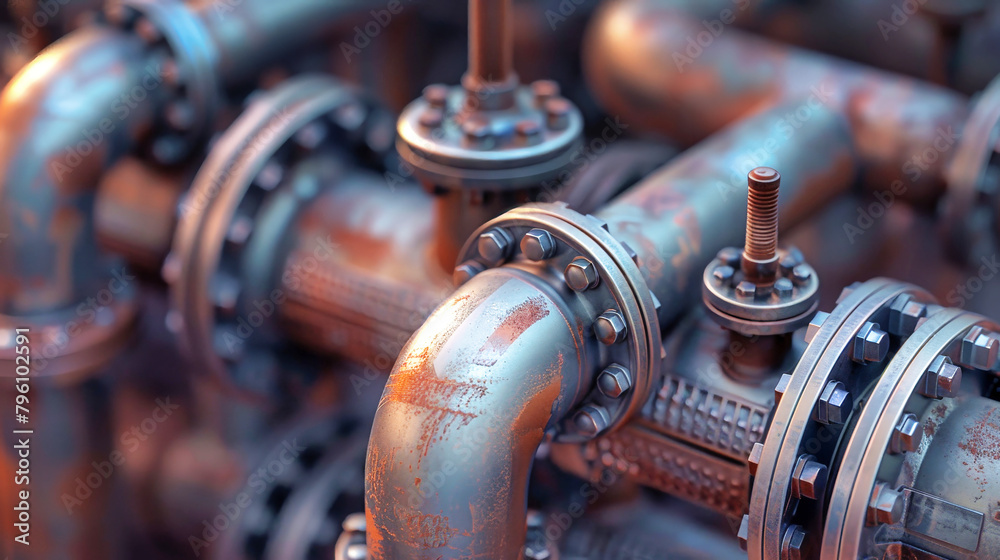 An intricate network of industrial pipes and valves, weaving together ...