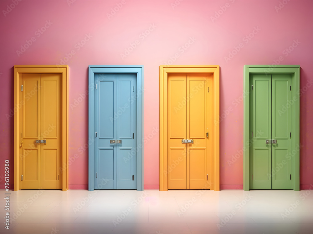 Five doors with empty walls. Five colourful doors on an isolated light ...
