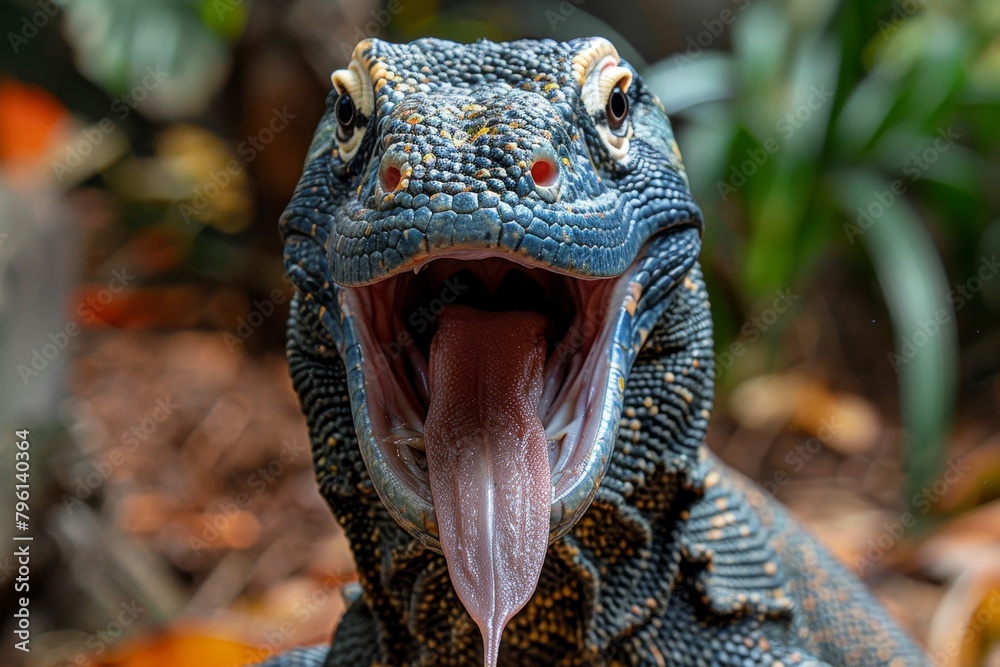 Komodo Dragon: Tongue flicking out with textured skin and forked tongue ...