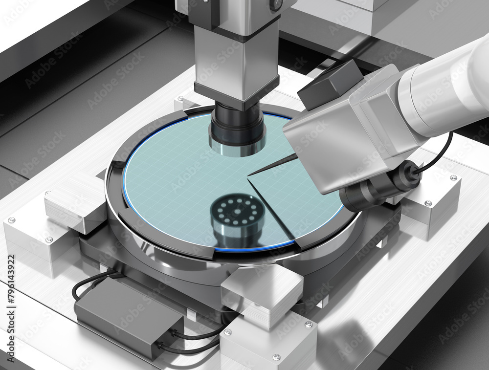 Semiconductor Silicon Wafer Probe testing process. 3D rendering image ...