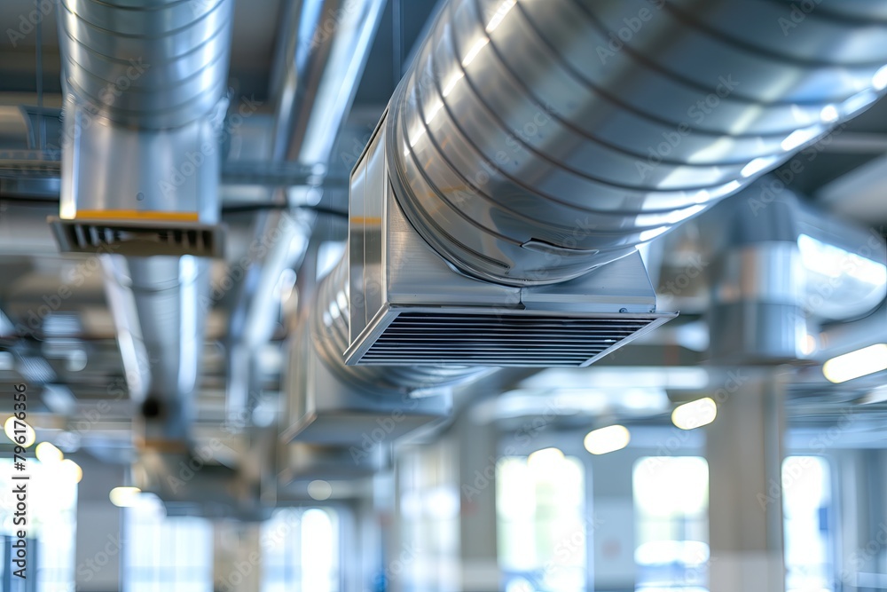 Diffuser. Metal ducts under the ceiling. Ventilation system. Air ducts ...