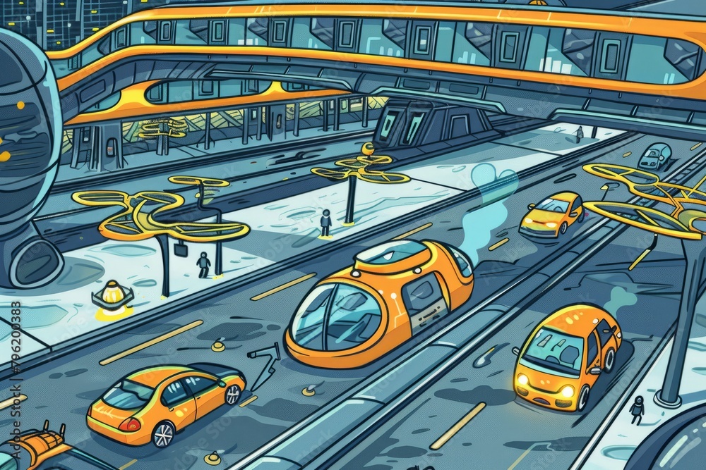 Cartoon cute doodles of a futuristic transportation hub with hyperloop ...