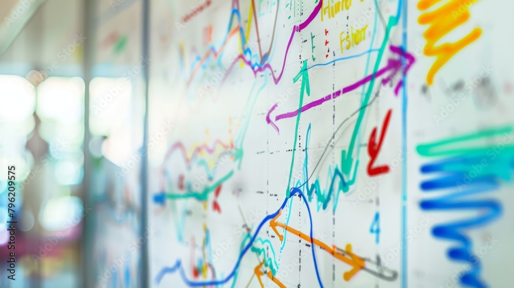 A whiteboard covered with colorful markers drawing a detailed business ...