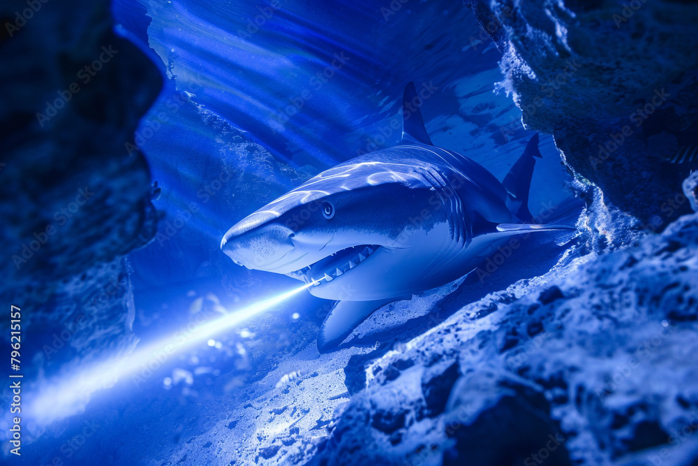 Underwater robotic sharks with laser beams guarding mafia treasure in a ...