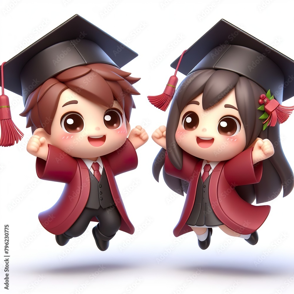 Cute character 3D image of Graduate boy and girl in dark red robe ...