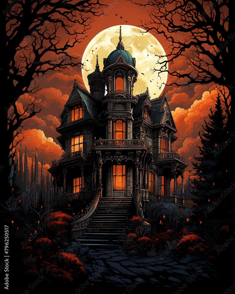 Illustrate a delicate Victorian mansion from a unique rear view ...