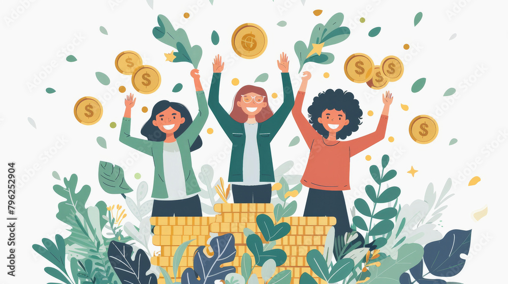 Three joyful animated people celebrating financial success amid falling ...