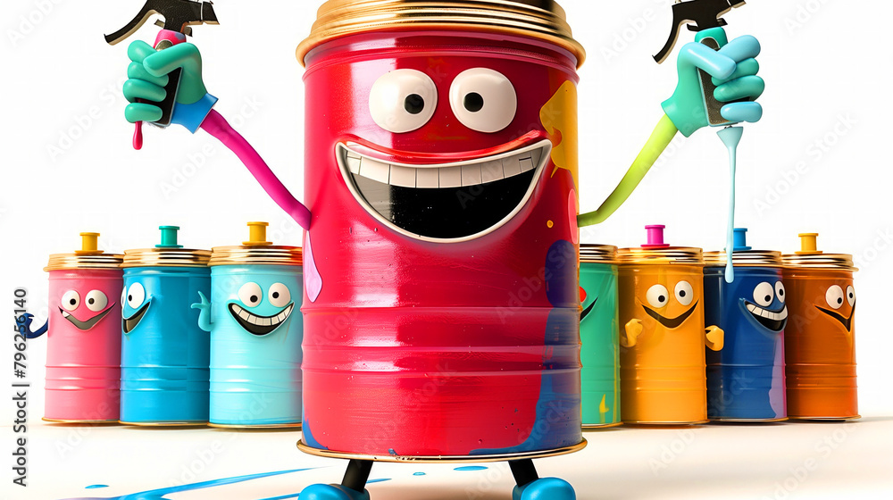 A character a spray smiling. The spray cans are in various colors ...