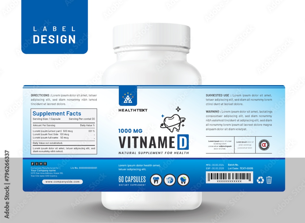 Dental food supplement multi vitamin label sticker oral design, bottle ...