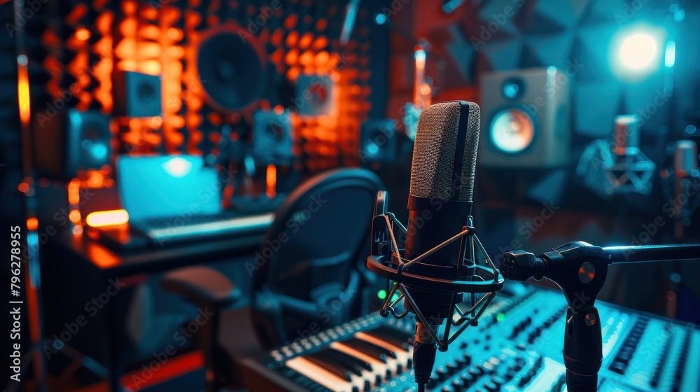 modern recording studio with high-end microphones, soundproofing panels ...