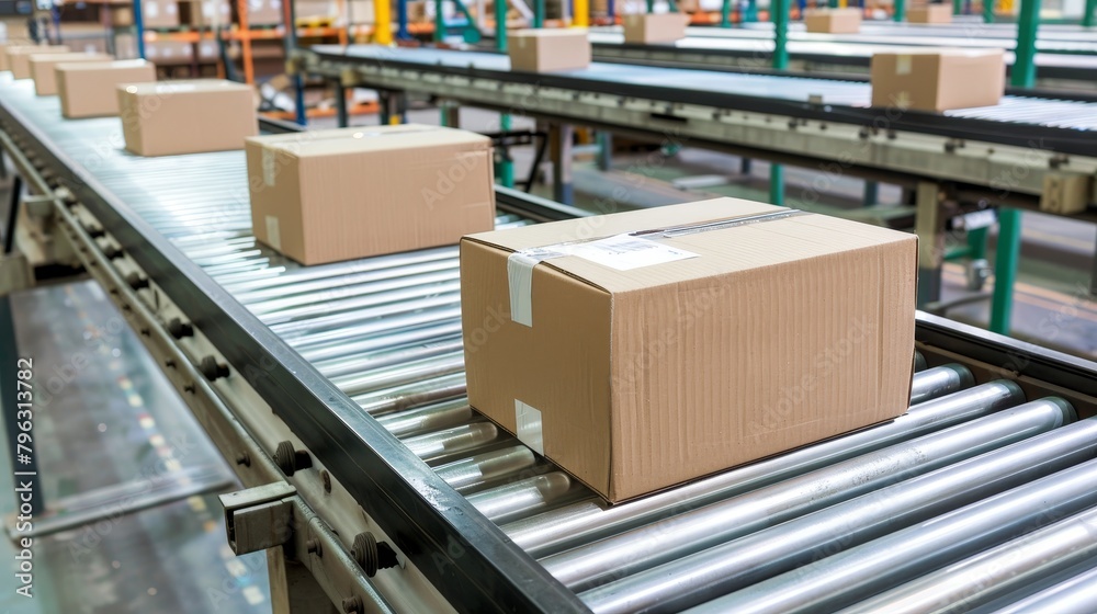 Automated e commerce logistics conveyor belt system in warehouse with rows of cardboard packages ...