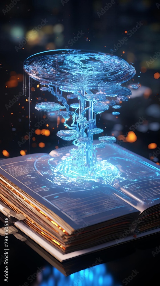 Closeup of a robot holding a levitating book, rendered in 3D hologram wireframe with neon lights ...