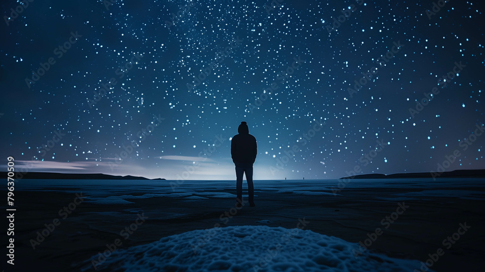 A silhouette of a person standing under a vast night sky illuminated by ...