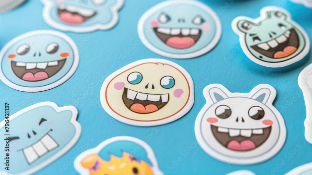 A variety of colorful stickers scattered across a wooden table ...