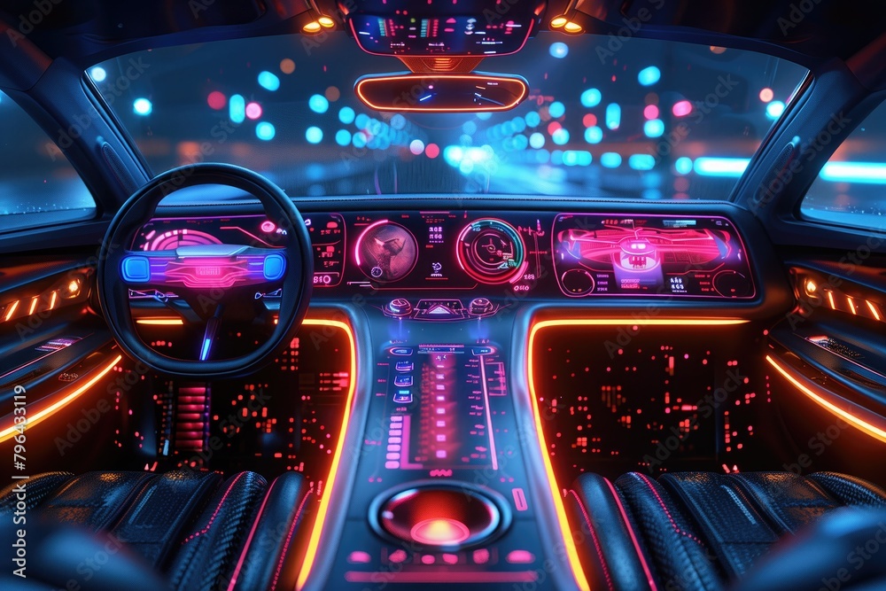 autonomous futuristic car dashboard concept with HUD and hologram ...