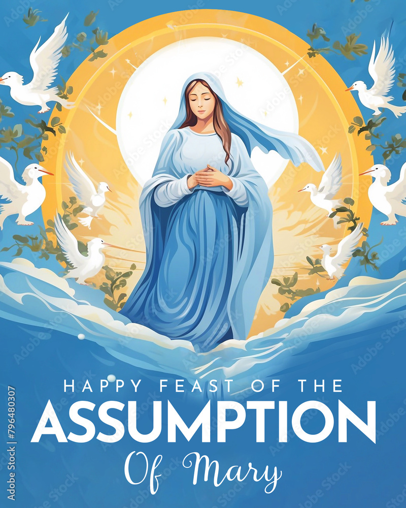 Assumption of Mary Illustration with Feast of the Blessed Virgin and Doves in Heaven Stock ...