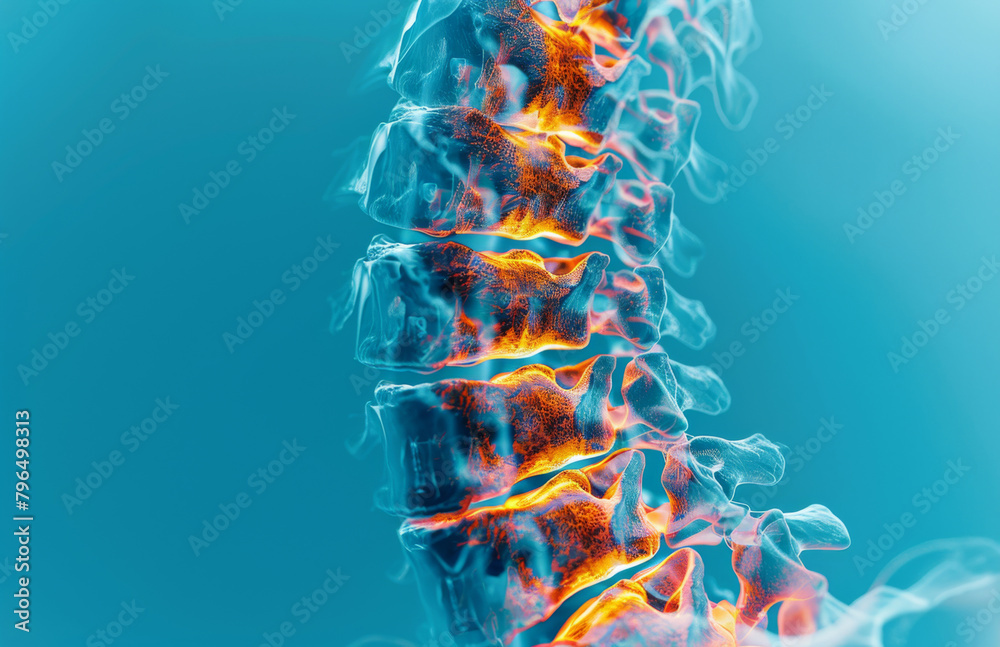 Spine, injury and inflammation pain as x ray on blue background for ...