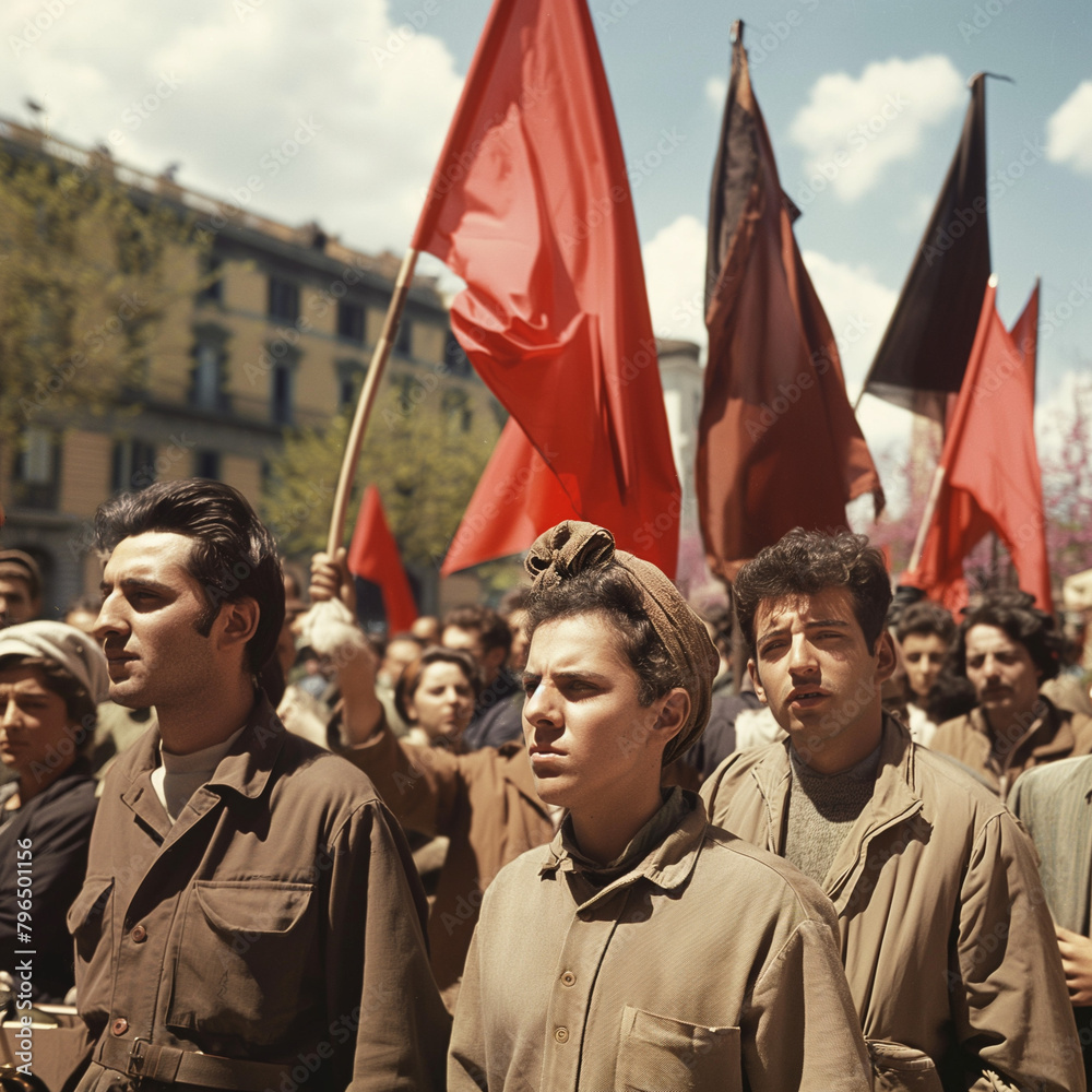 Protests in the streets in the past. Protesters, post-war, red flags ...