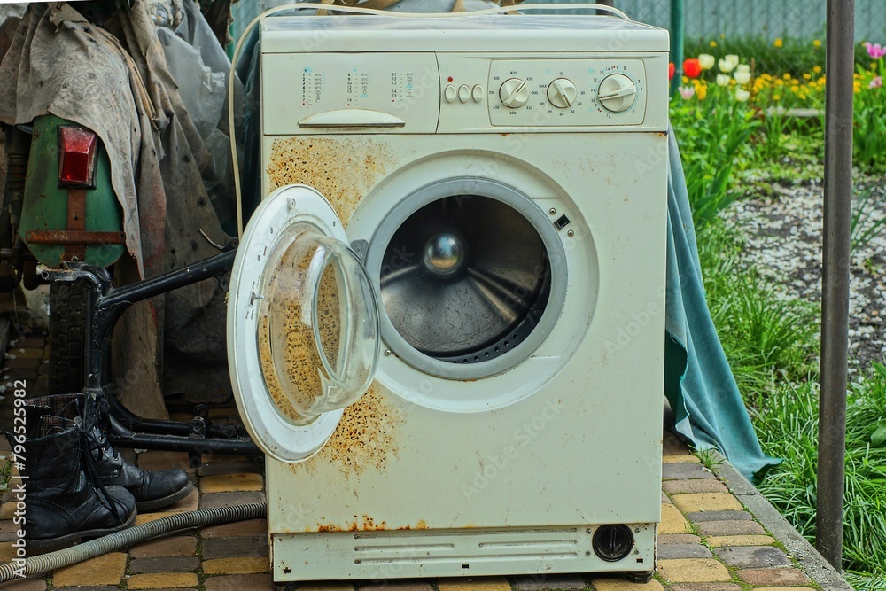 one white old iron rusty broken open glass door electric modern ...