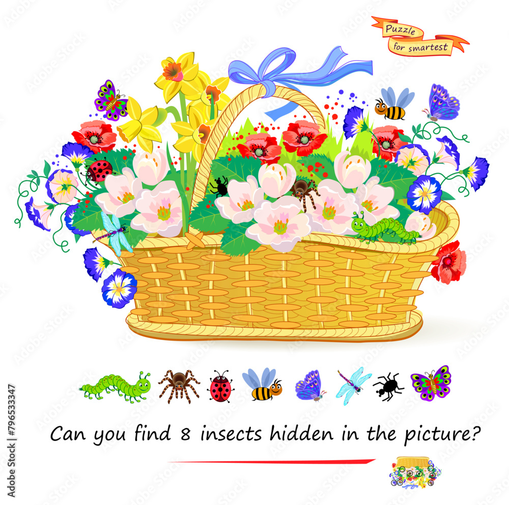 Can you find 8 insects hidden in the picture? Logic puzzle game for ...