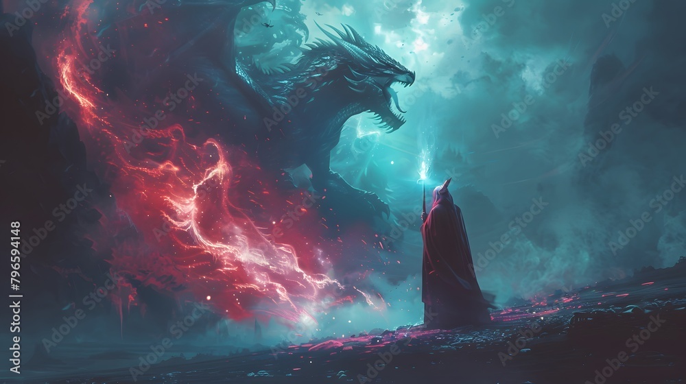 A sorcerer faces off against a ferocious fire dragon in a surreal ...