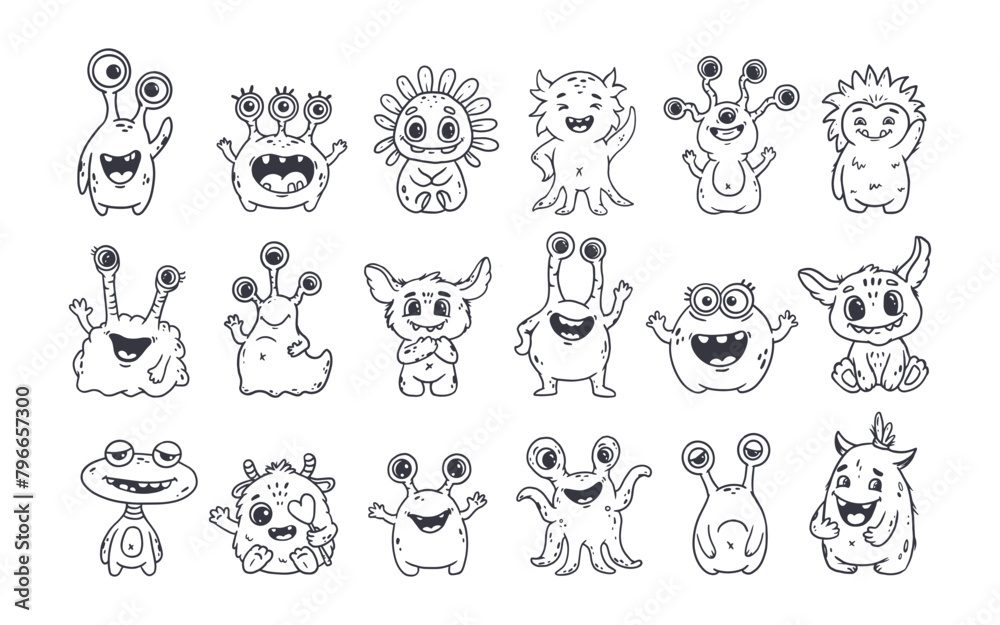 Big set of cartoon monsters. Cute monsters doodle. Kids funny character ...