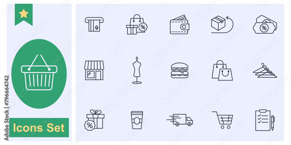 Shopping malls, retail icon set symbol collection, logo isolated vector ...
