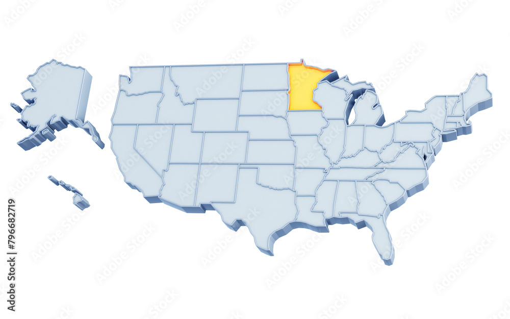 State of Minnesota highlighted in golden yellow on three-dimensional ...