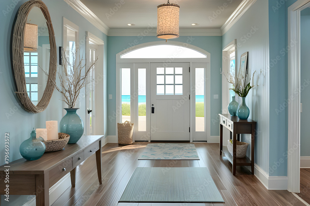An open large and wide interior front door hallway foyer with transom ...