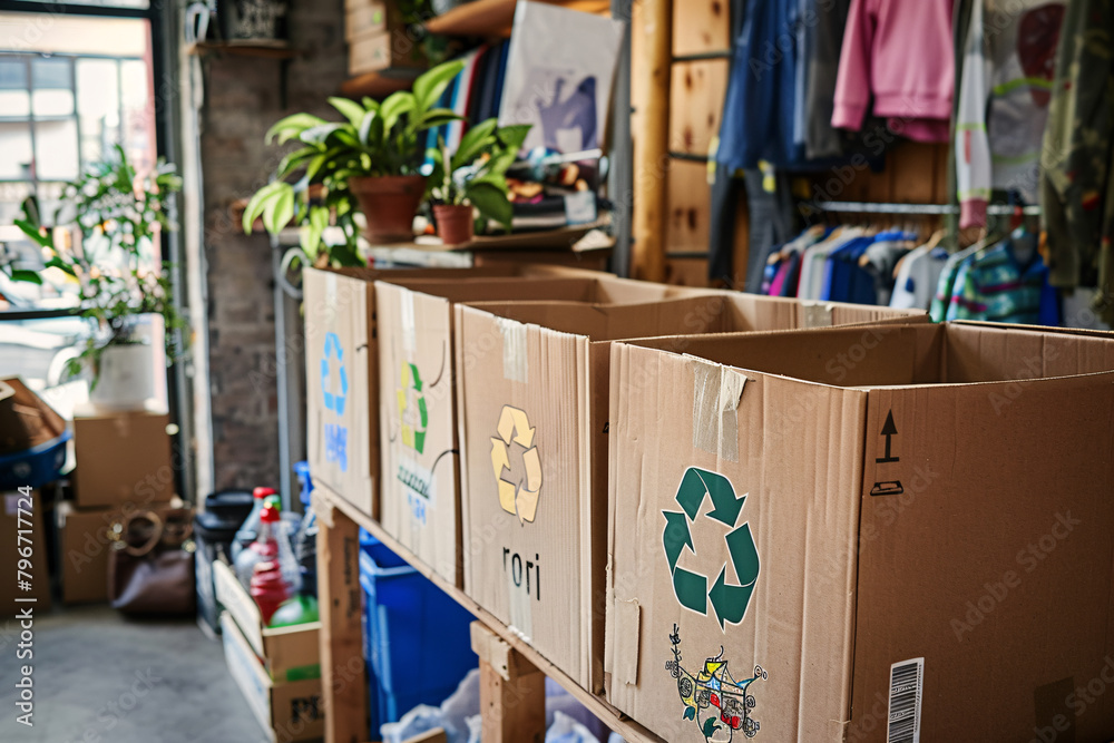 Donation boxes in a clothing store focused on recycling and ...