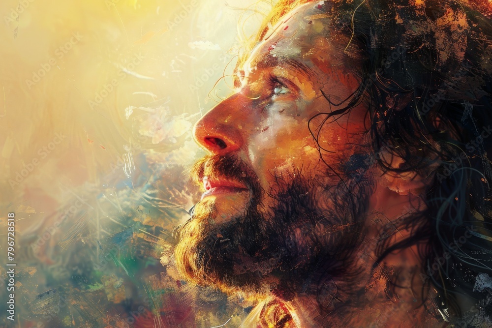 Artistic depiction of Jesus Christ in contemplation, his visage merging ...
