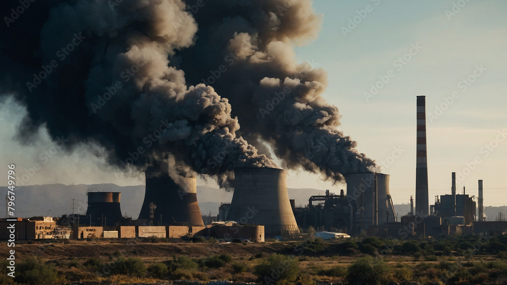 Thick black smoke billows from industrial chimneys and cooling towers ...