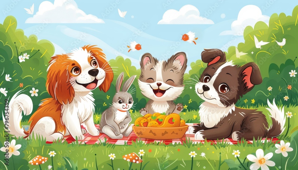 Playful clipart of a group of pets a dog a cat and a rabbit having a ...