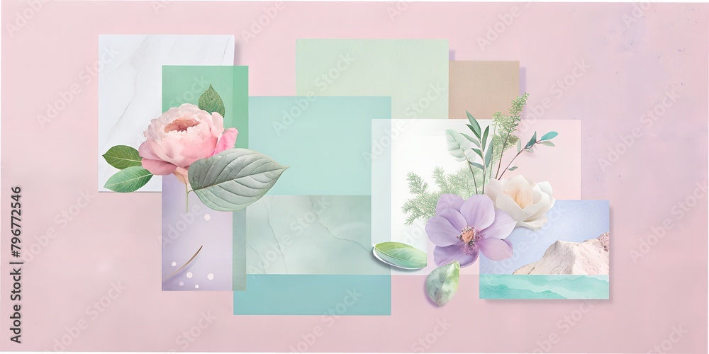 collage texture photo fonts pastel tones botanical plants flower green ...