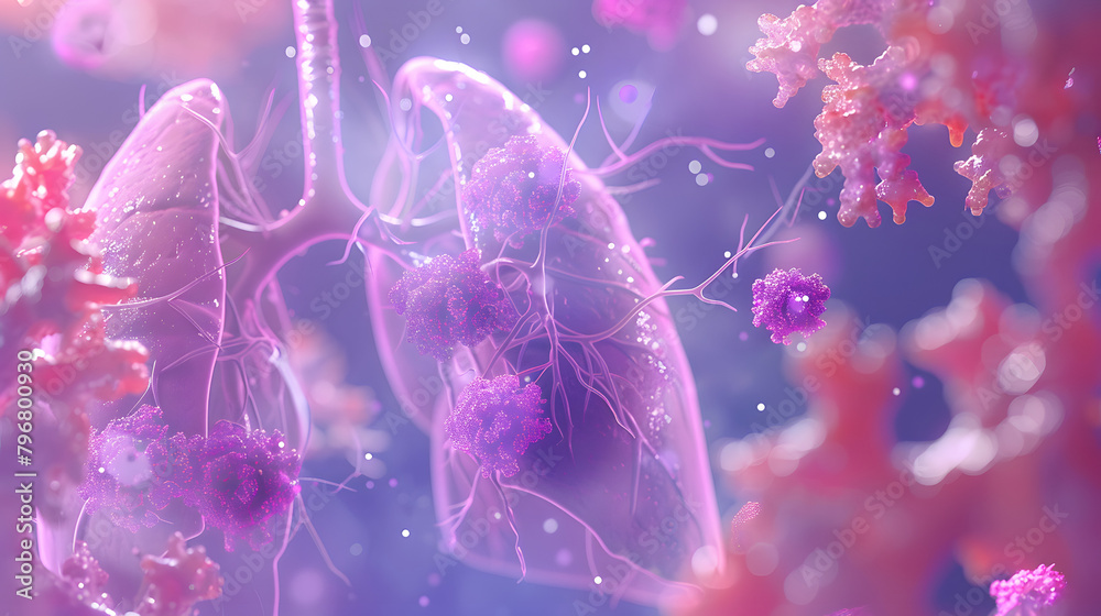 3D depiction of human lungs and macrophages with fungal spores ...