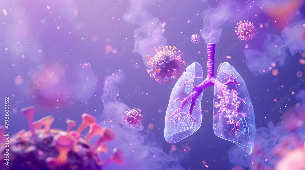 3D depiction of human lungs and macrophages with fungal spores ...