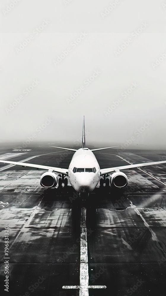Airplane positioned for takeoff, stark lines and markings defining an ...