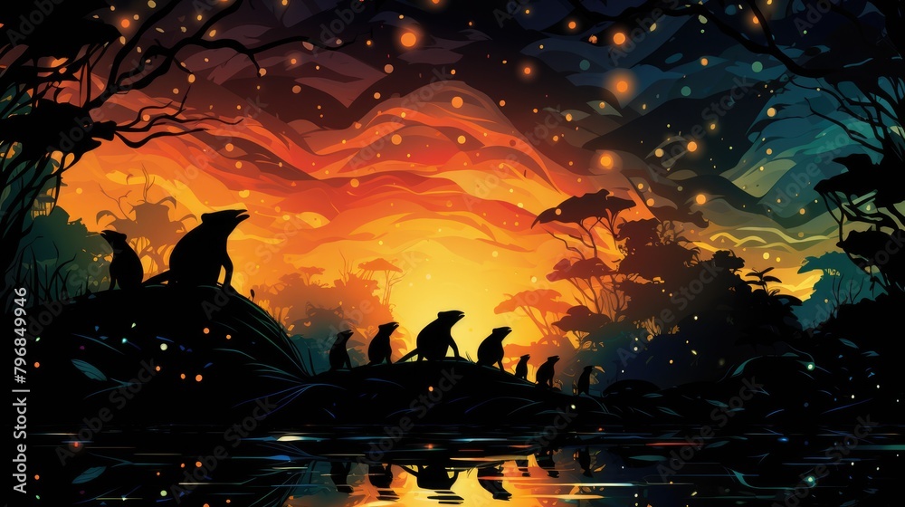 a illustration shows a fire with the silhouettes of several salamanders ...