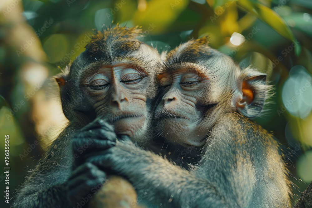 Two different species of monkeys grooming each other, removing ...