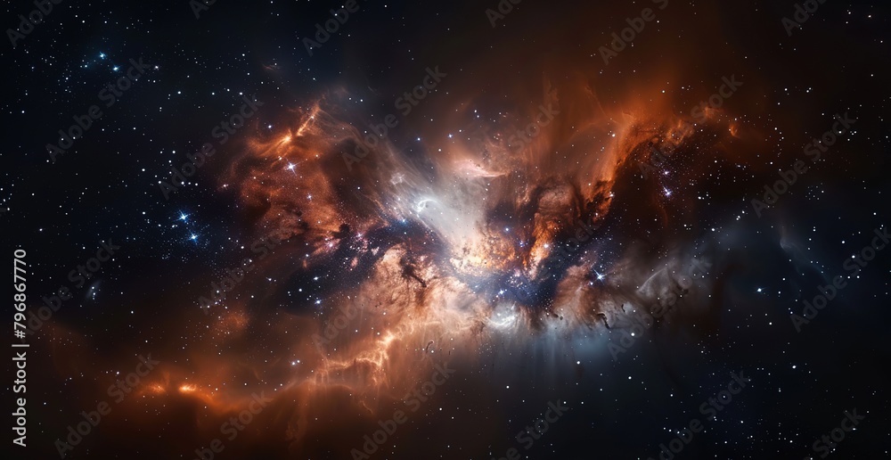 Fiery galactic nebula with star formation and interstellar clouds ...
